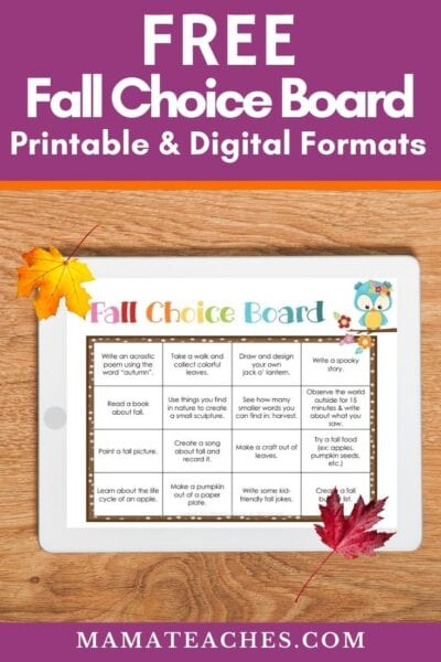 Fall Choice Board for Kids in PDF and Digital Formats - Mama Teaches
