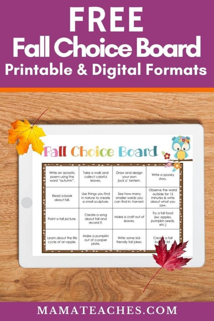 Fall Choice Board for Kids in PDF and Digital Formats - Mama Teaches