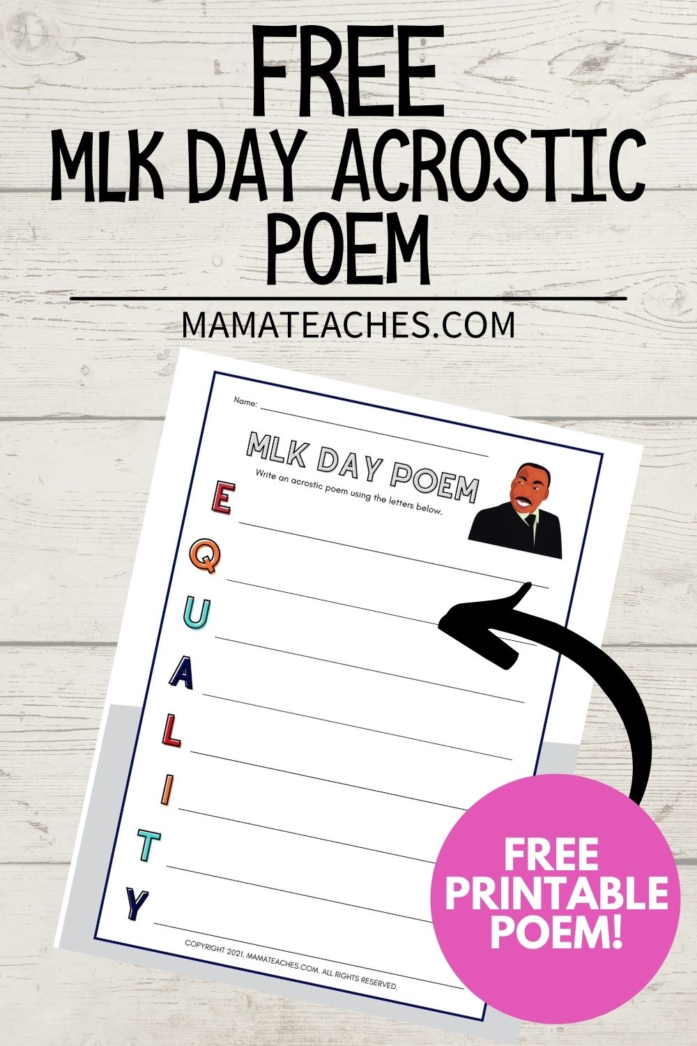 MLK Day Acrostic Poem Freebie - Mama Teaches